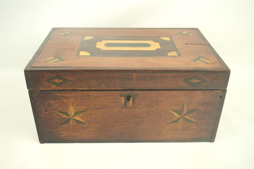 Antique Wooden Lock Box with Key Beautiful Inlaid & Painted