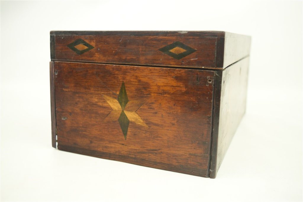 Antique Wooden Lock Box with Key Beautiful Inlaid & Painted