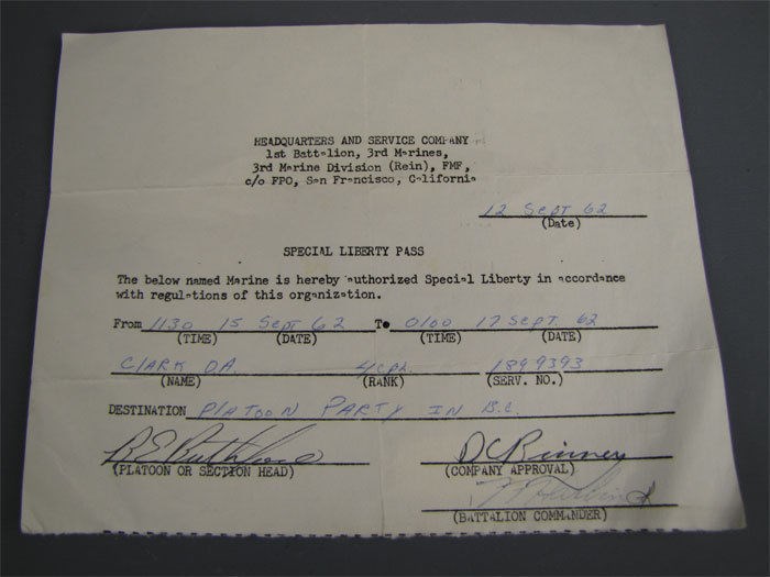 1962 U.S. Military Marine SPECIAL LIBERTY PASS S.F., CA