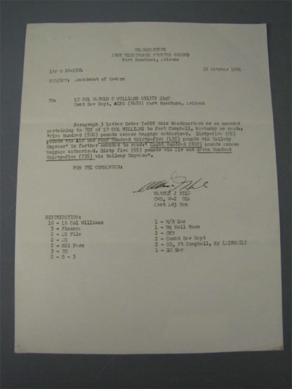 1956 U.S. Army Amendment of Orders Baggage Document