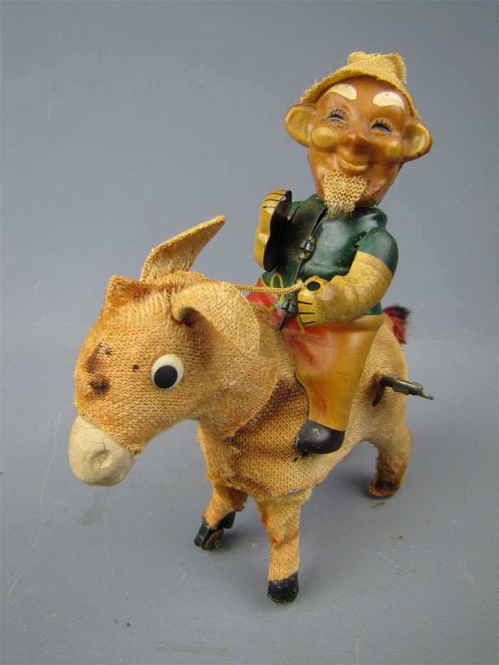 Vintage Tin Wind Up Hopping Donkey w/ Vinyl Head Rider Made in Japan ...
