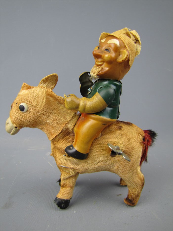 Vintage Tin Wind Up Hopping Donkey w/ Vinyl Head Rider Made in Japan ...