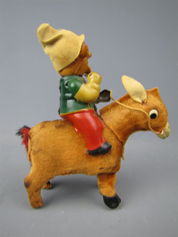 Vintage Tin Wind Up Hopping Donkey w/ Vinyl Head Rider Made in Japan ...
