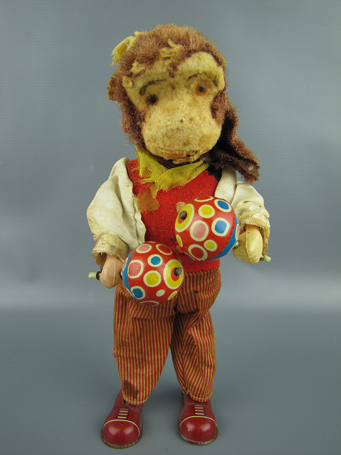 Vintage 1960s Mechanical Monkey Maraca Player Tin Plush Wind Up Toy Japan